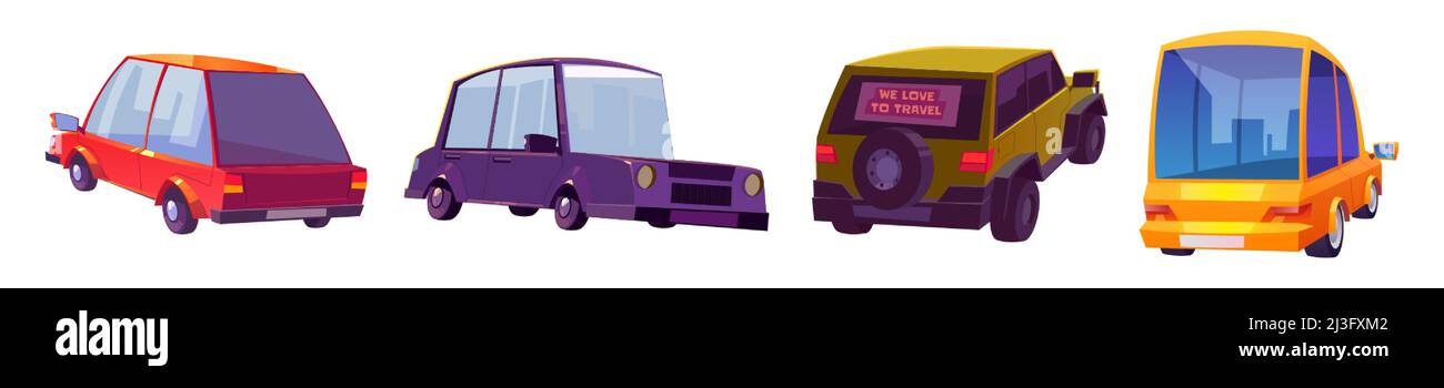 Modern cars, motor vehicles in front and back view. Vector cartoon set ...
