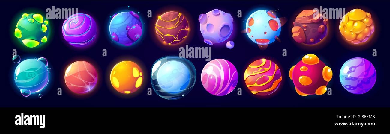 Fantasy alien planets for ui space game. Vector cartoon icons set of ...