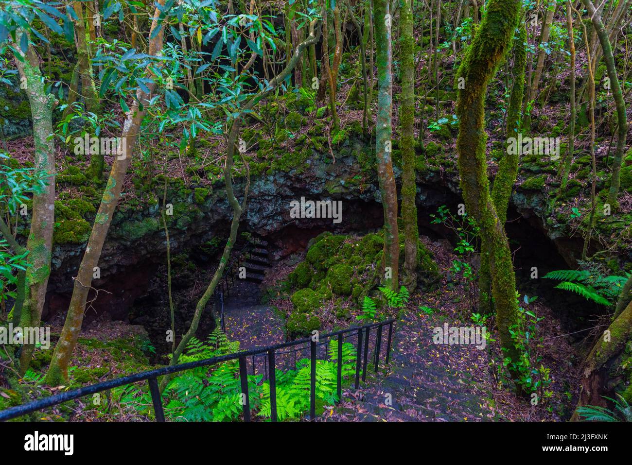 Steep staircase leading to gruta das torres cave at Pico island, Azores ...