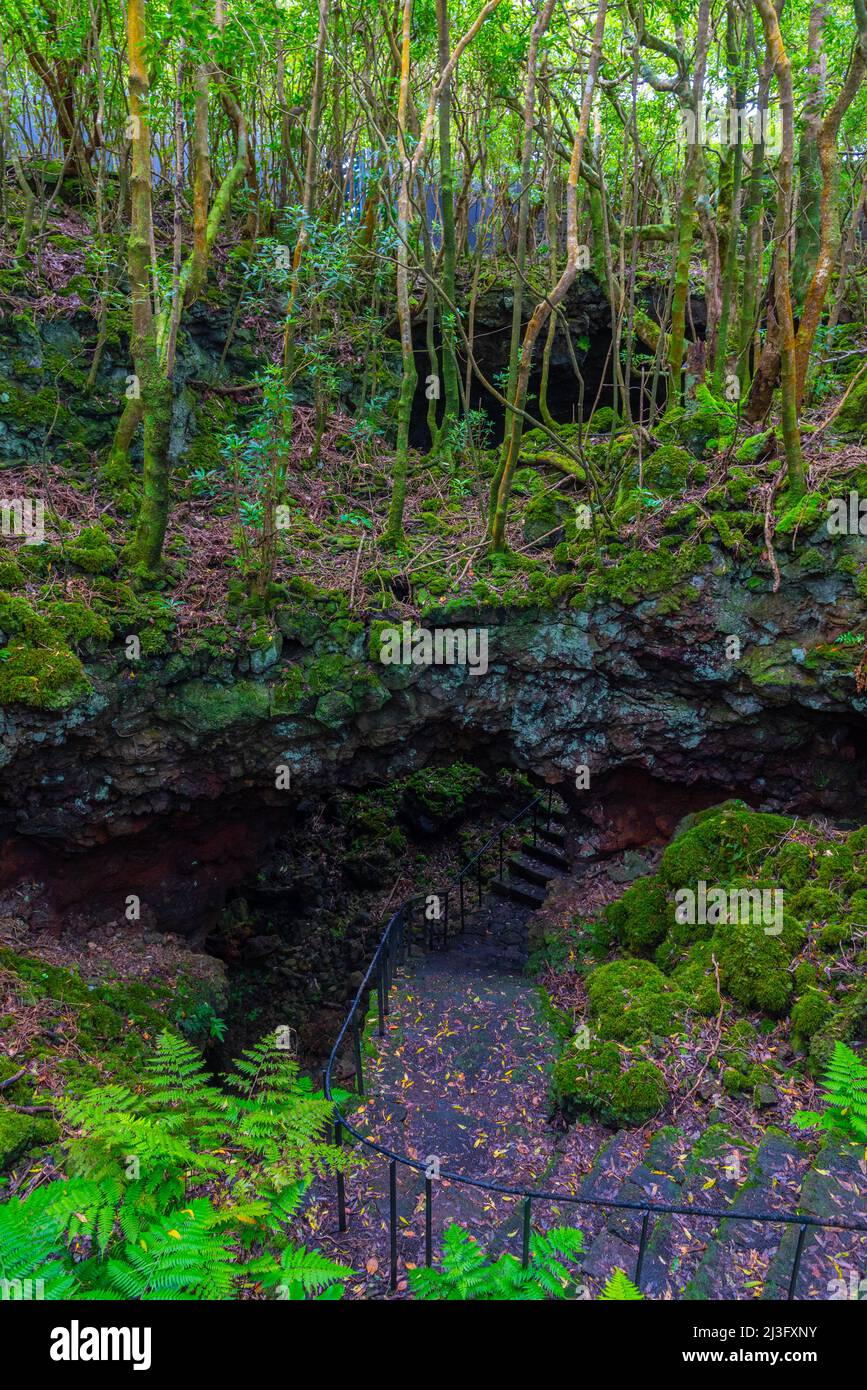 Steep staircase leading to gruta das torres cave at Pico island, Azores ...