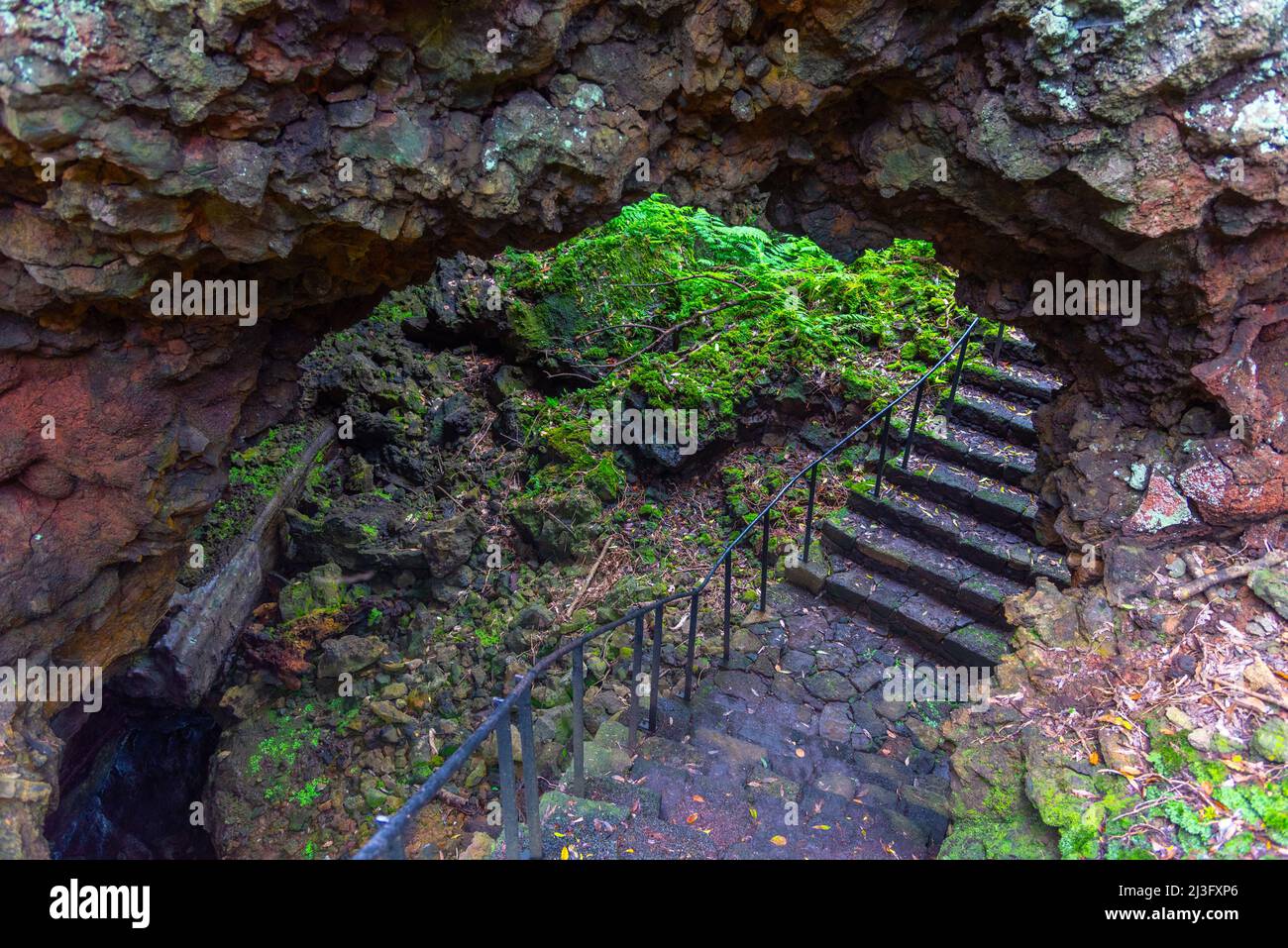 Steep staircase leading to gruta das torres cave at Pico island, Azores ...