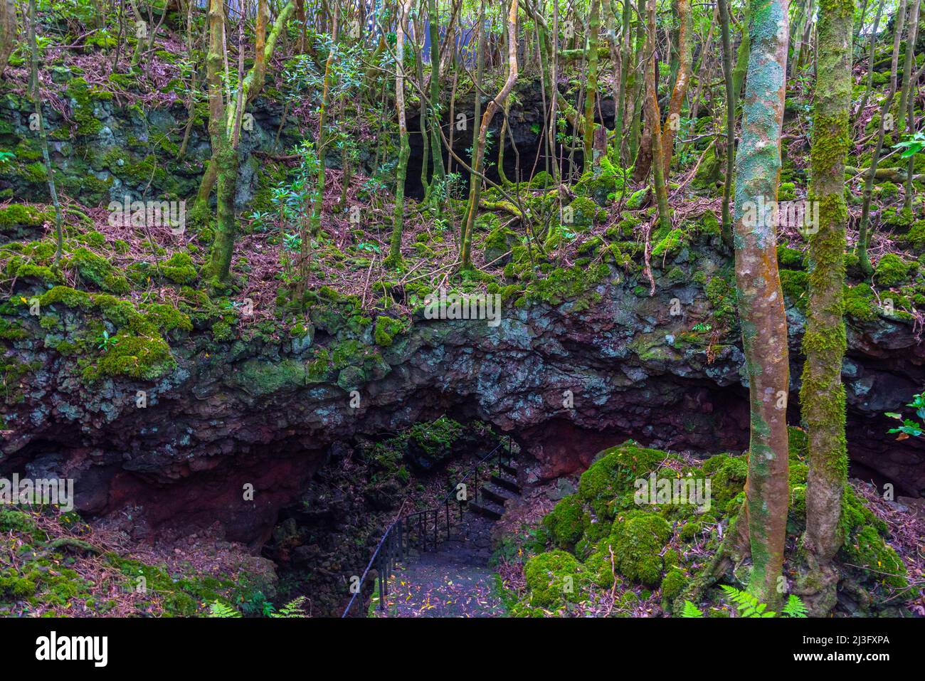 Steep staircase leading to gruta das torres cave at Pico island, Azores ...