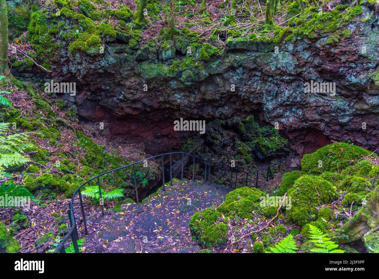 Steep staircase leading to gruta das torres cave at Pico island, Azores ...