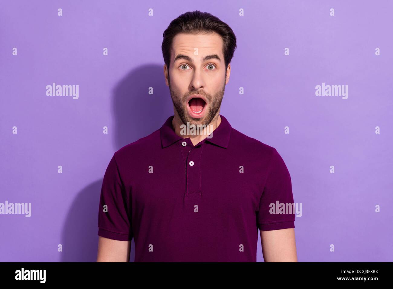 Portrait of terrified amazed impressed male yelling got in big problem ...
