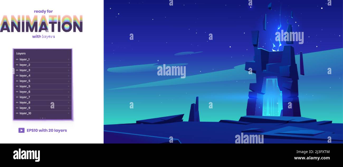 Magic portal in stone frame on rock ledge at night. Vector parallax ...