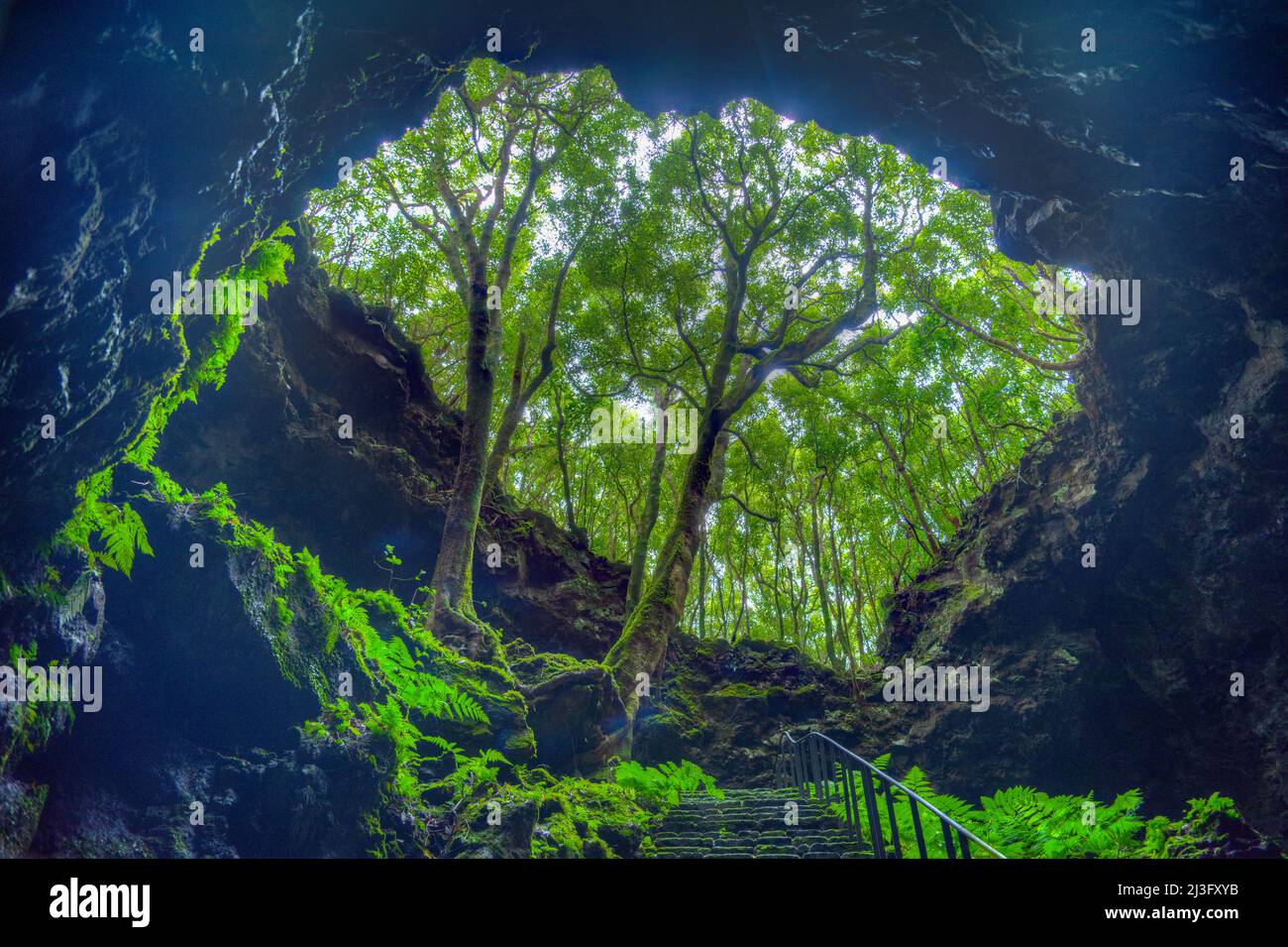 Steep staircase leading to gruta das torres cave at Pico island, Azores ...