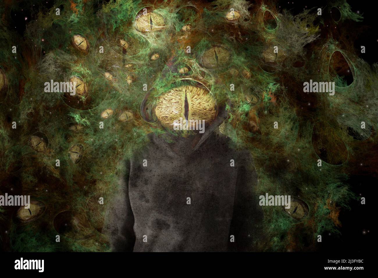 A figure possessed by a demonic spirit. Floating around his head with ...