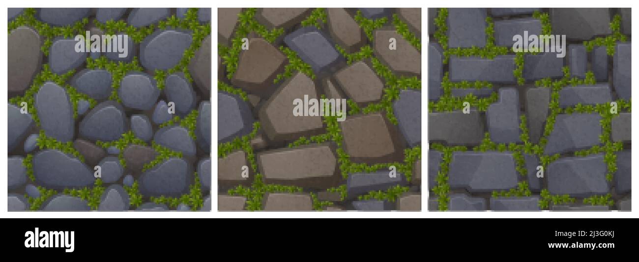 Textures of stone floor and wall with green moss for game background ...
