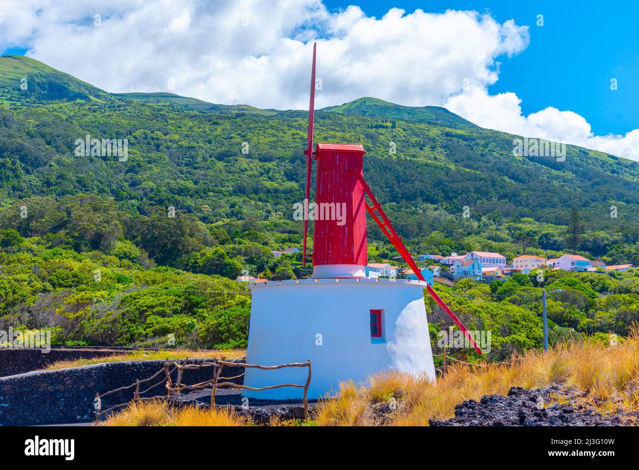 Wooden windmill at Sao Jorge island in the Azores, Portugal Stock Photo ...