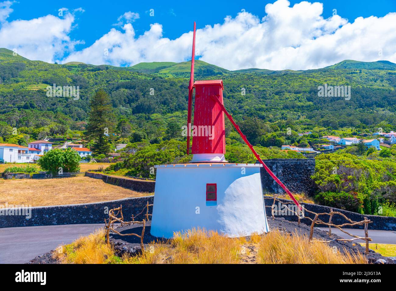 Wooden windmill at Sao Jorge island in the Azores, Portugal Stock Photo ...