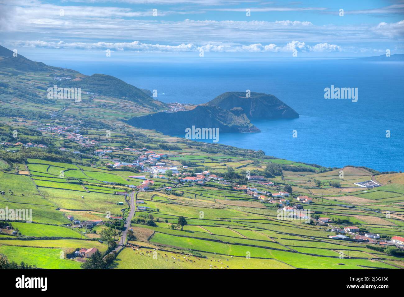Morro Grande viewed behind Velas town at Sao Jorge, Azores, portugal ...