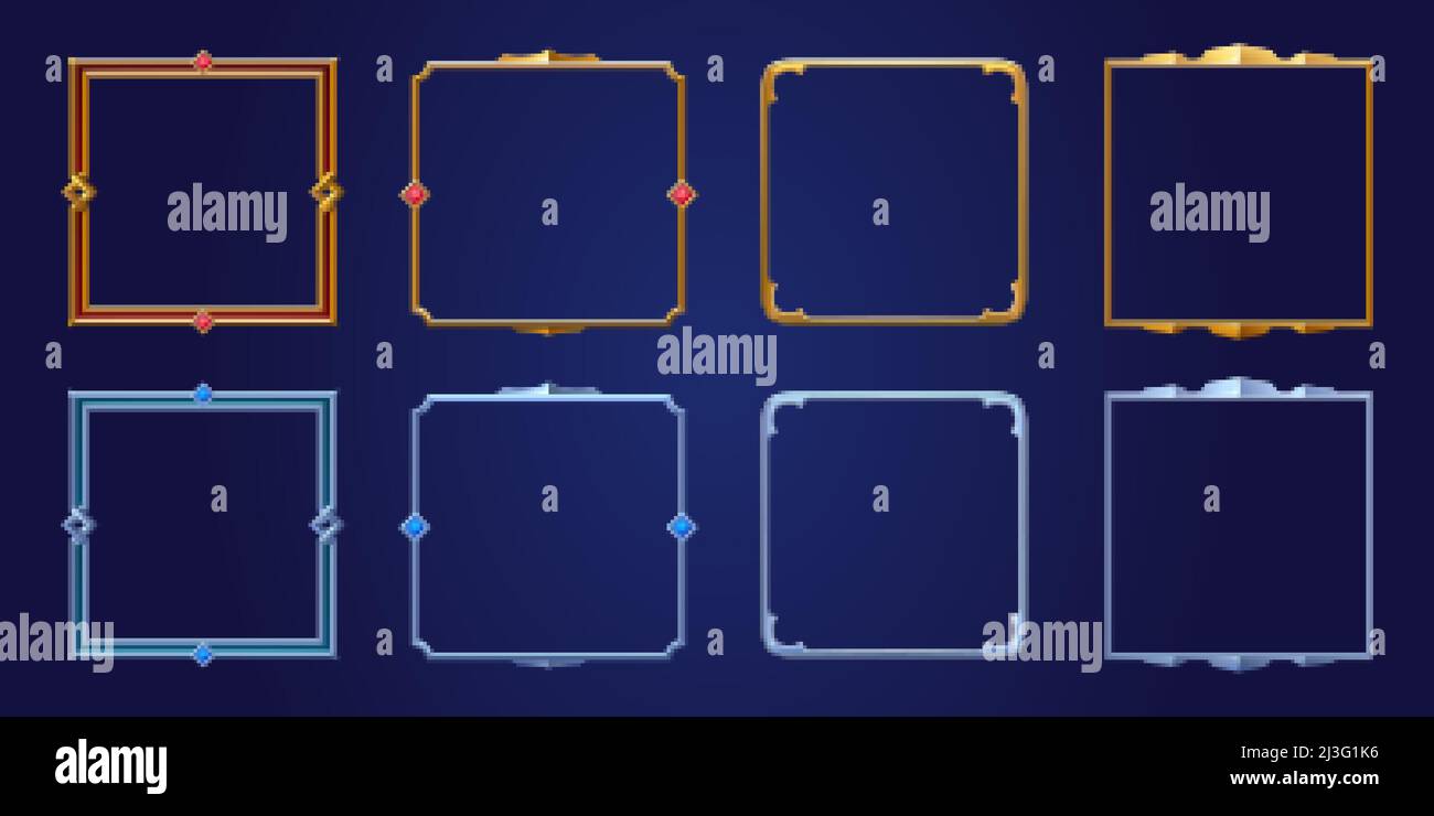 Set of square ui game frames, textured medieval borders of gold, silver or steel metal with gems ...