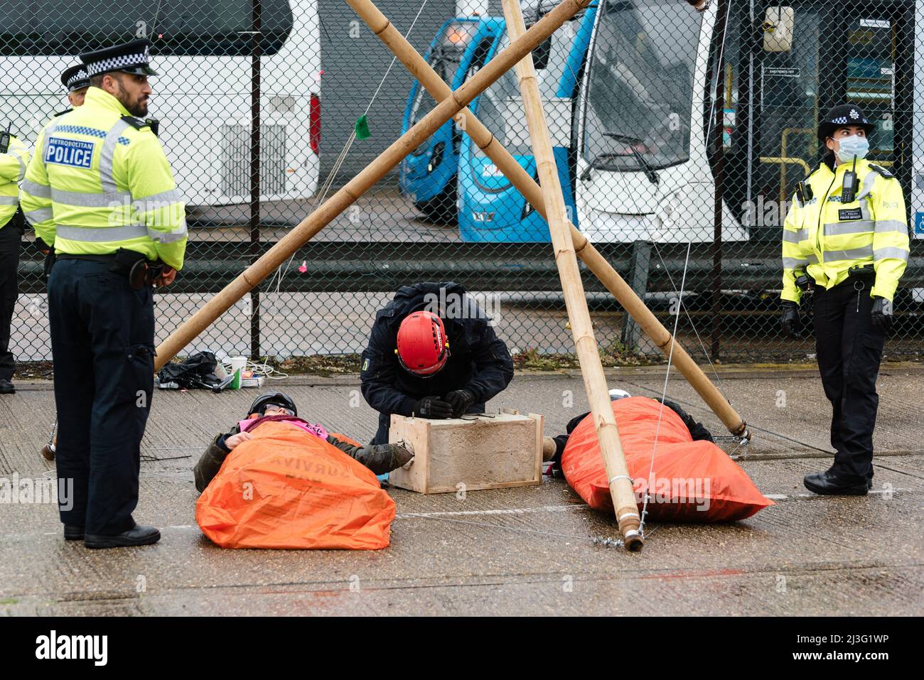 Stanwell, UK. 4 April 2022. Extinction Rebellion protesters blocked the ...
