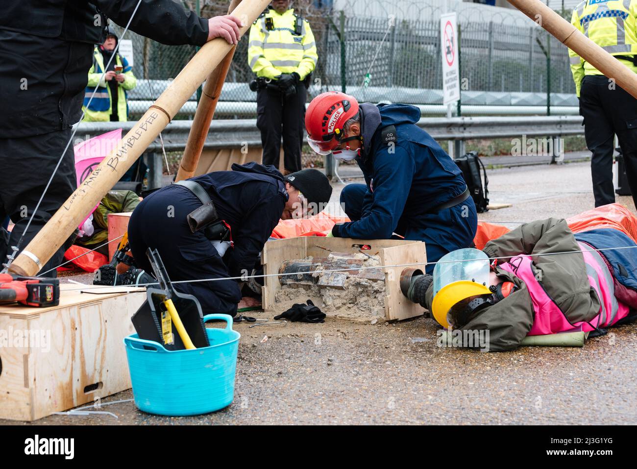 Stanwell, UK. 4 April 2022. Extinction Rebellion protesters blocked the ...