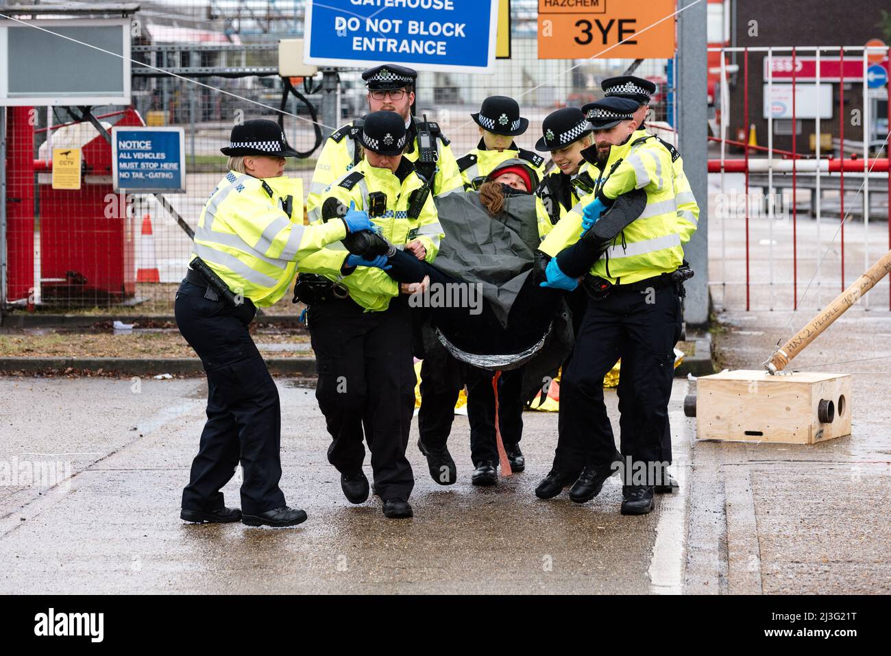 Stanwell, UK. 4 April 2022. Extinction Rebellion protesters blocked the ...