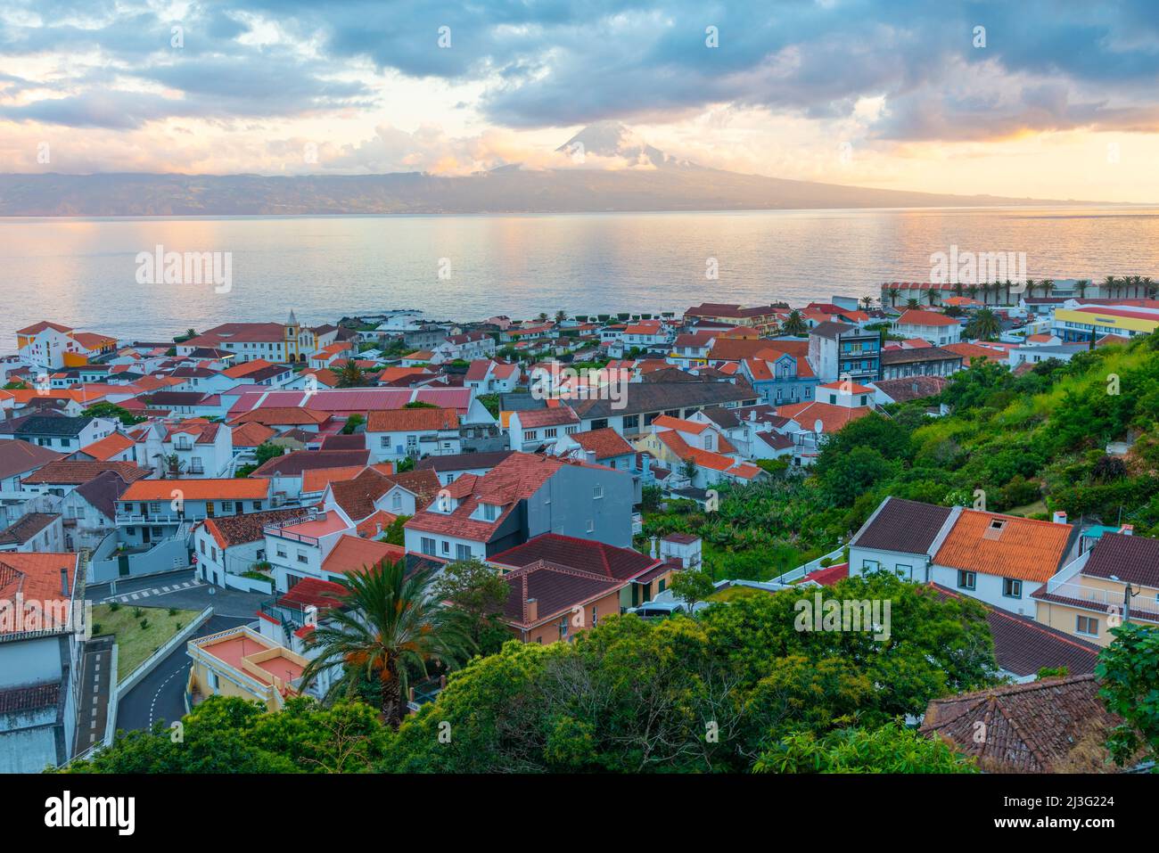 Pico island behind Velas town viewed from Sao Jorge, Azores, Portugal ...