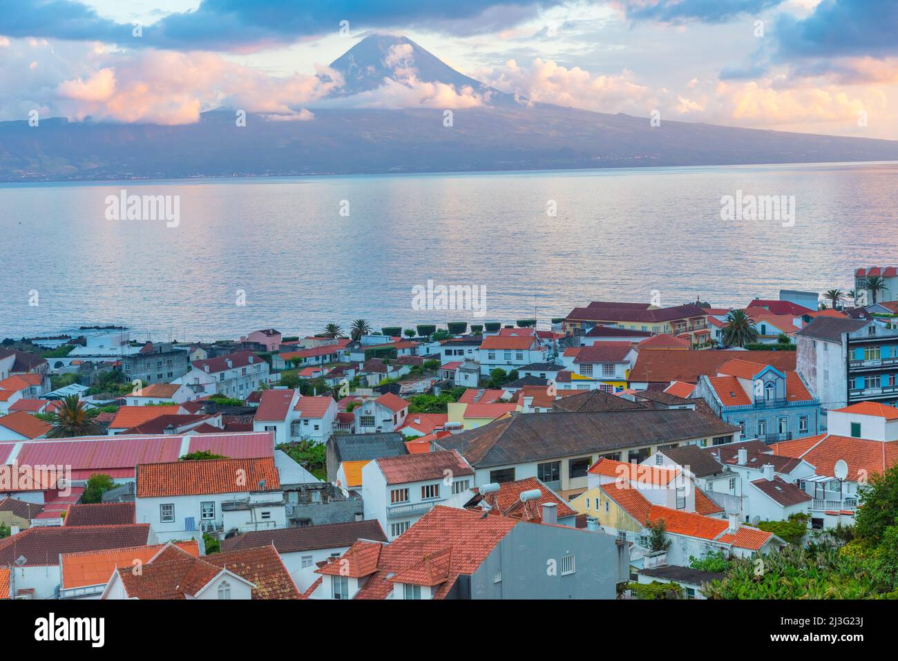 Pico island behind Velas town viewed from Sao Jorge, Azores, Portugal ...