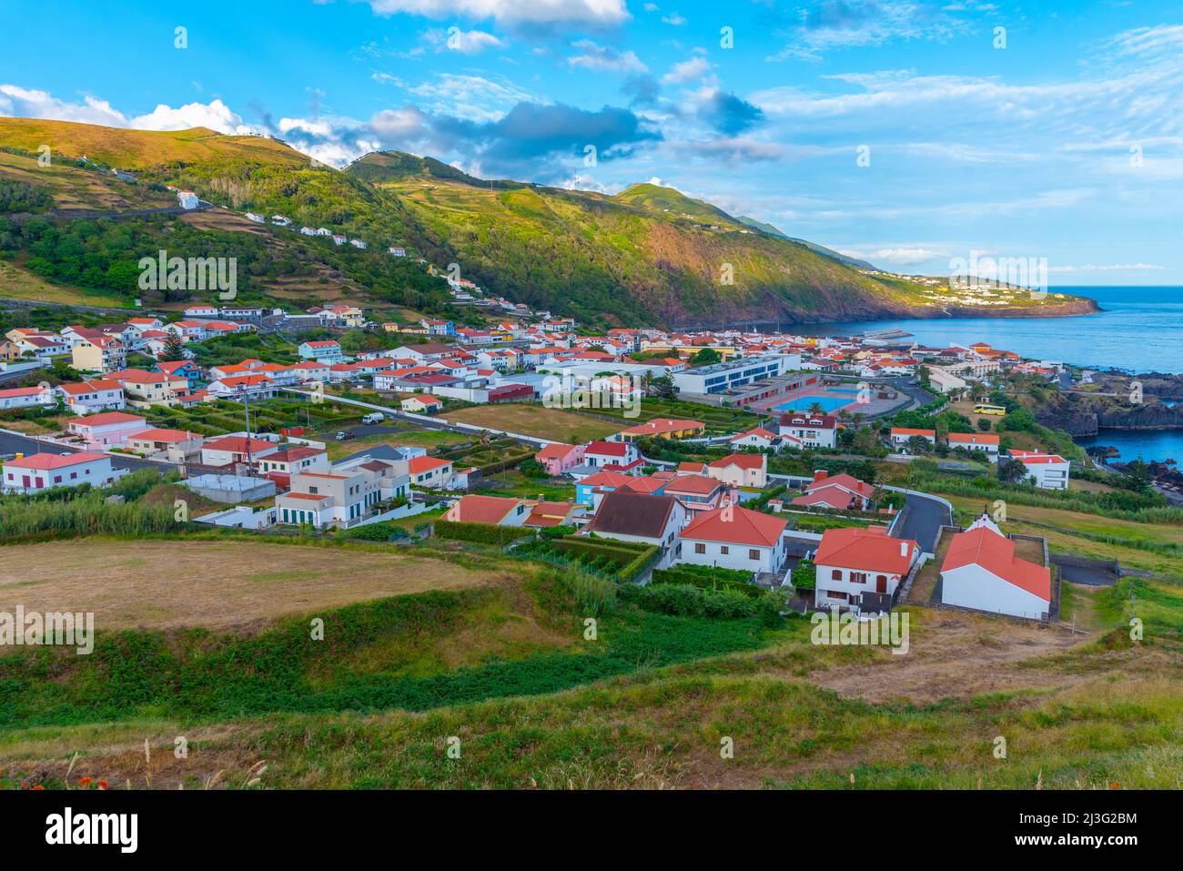 Aerial view of Velas town at Sao Jorge island in Portugal Stock Photo ...