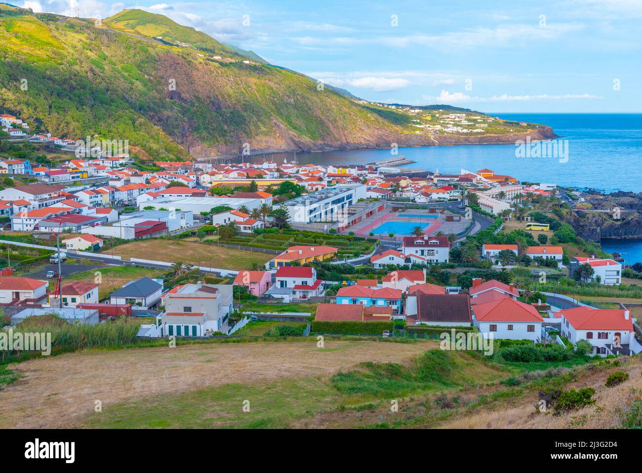 Aerial view of Velas town at Sao Jorge island in Portugal Stock Photo ...