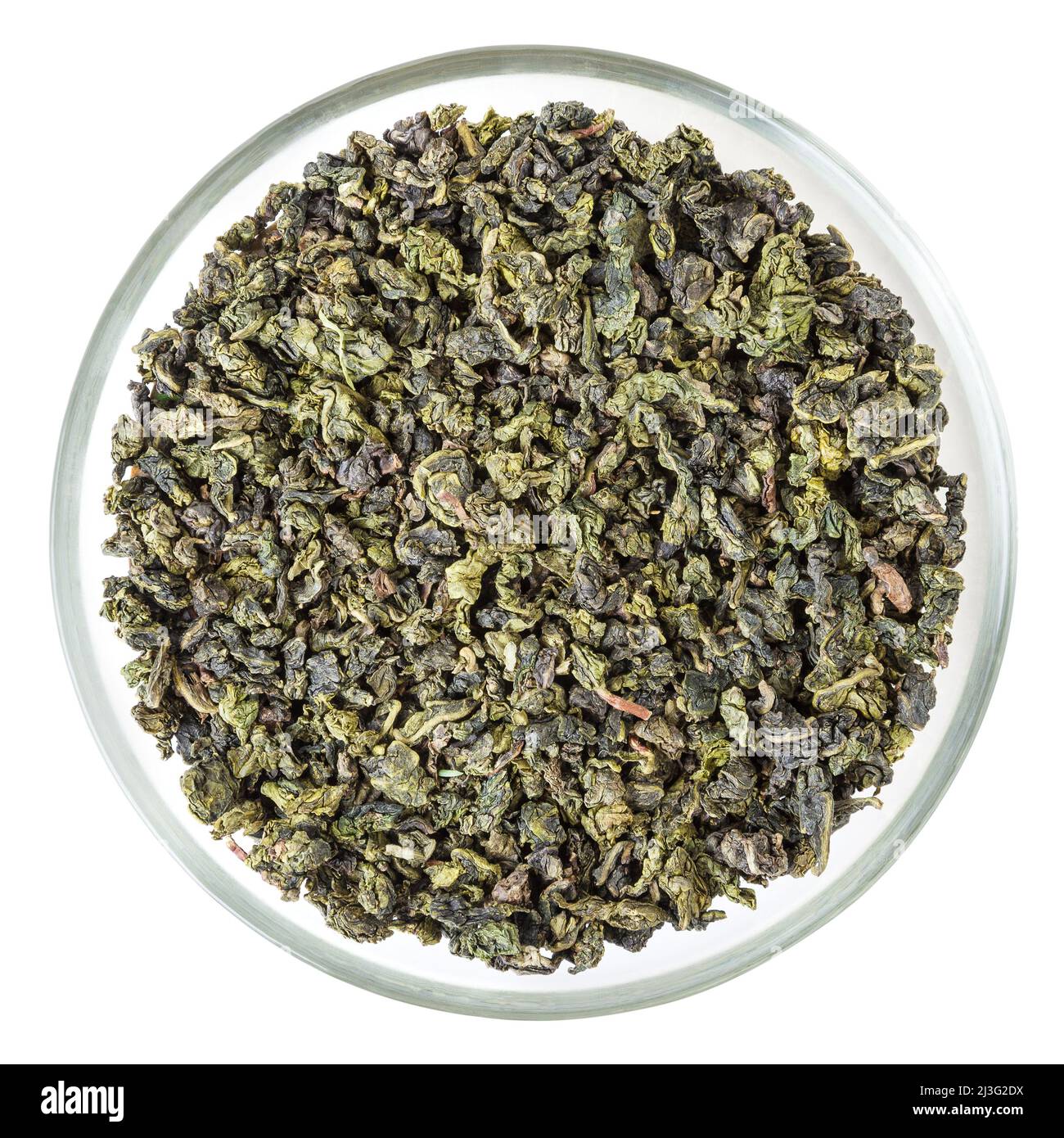 Top view of green oolong tea in glass bowl isolated on white background ...