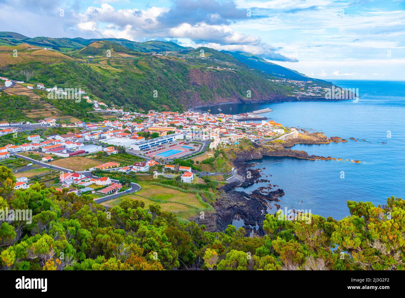 Aerial view of Velas town at Sao Jorge island in Portugal Stock Photo ...