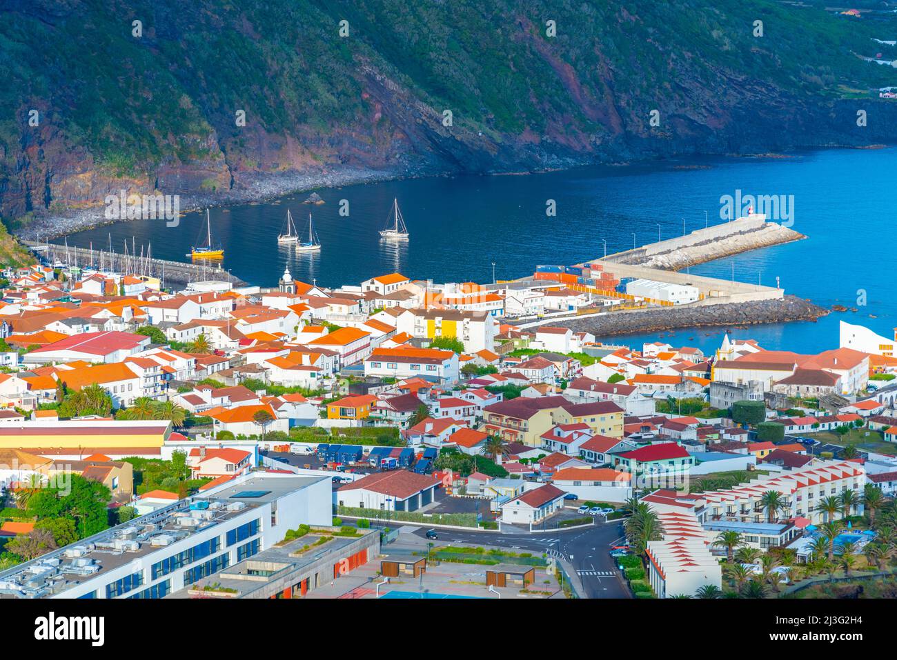 Aerial view of Velas town at Sao Jorge island in Portugal Stock Photo ...