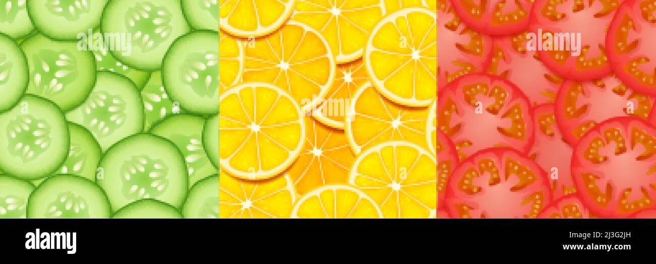 Textures of tomato, lemon and cucumber slices. Seamless patterns with ...