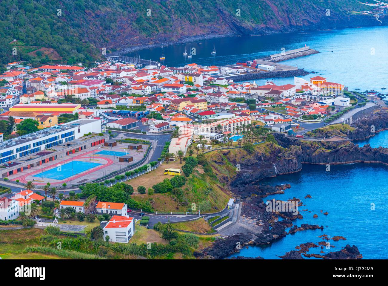 Aerial view of Velas town at Sao Jorge island in Portugal Stock Photo ...