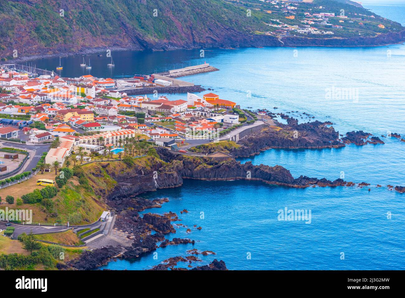 Aerial view of Velas town at Sao Jorge island in Portugal Stock Photo ...