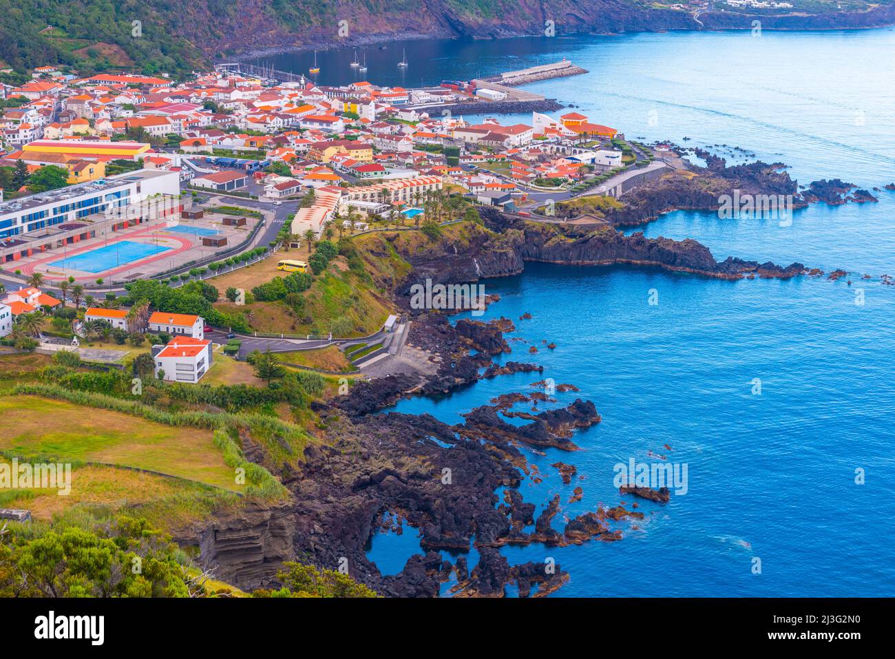Aerial view of Velas town at Sao Jorge island in Portugal Stock Photo ...