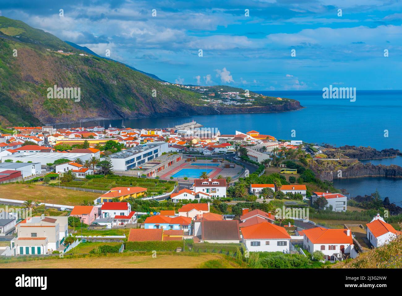 Aerial view of Velas town at Sao Jorge island in Portugal Stock Photo ...