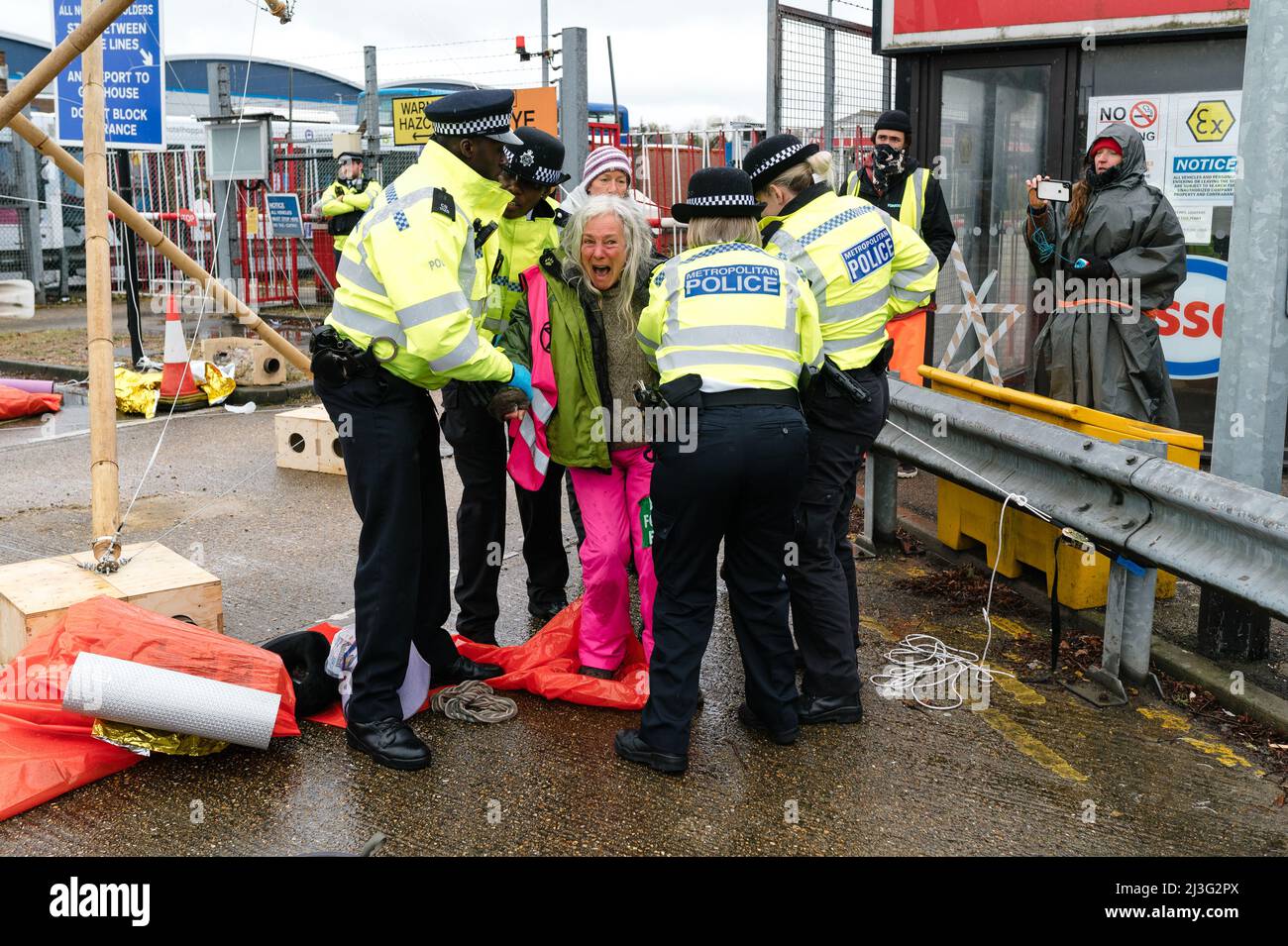 Stanwell, UK. 4 April 2022. Extinction Rebellion protesters blocked the ...