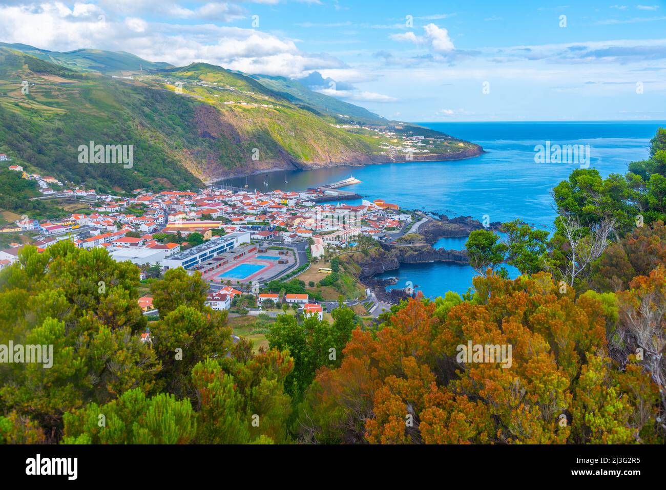 Aerial view of Velas town at Sao Jorge island in Portugal Stock Photo ...