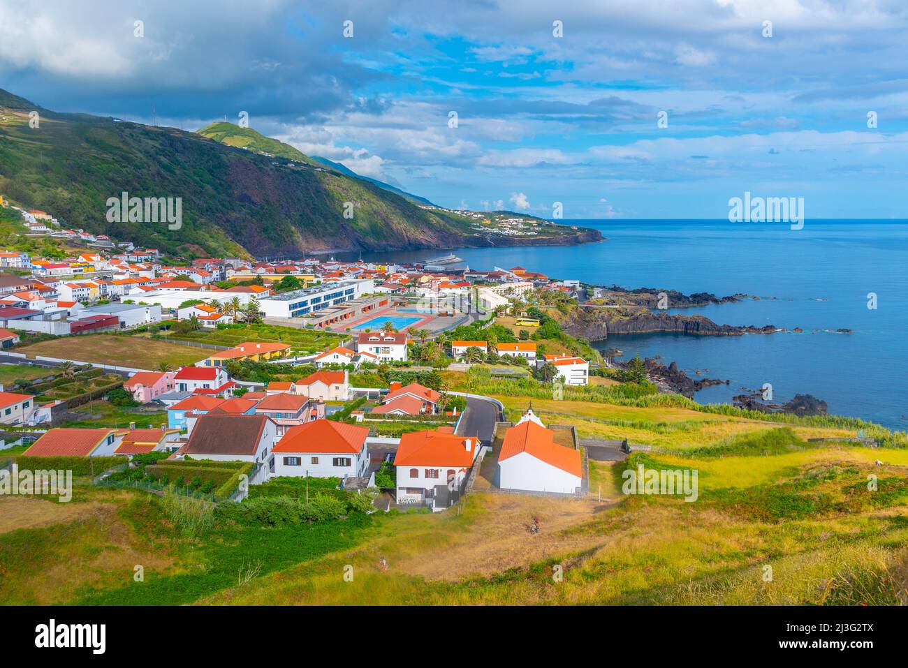 Aerial view of Velas town at Sao Jorge island in Portugal Stock Photo ...
