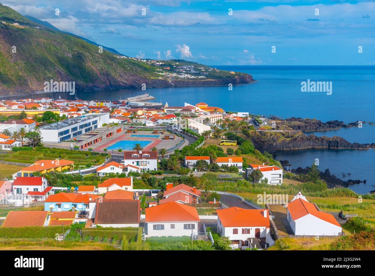 Aerial view of Velas town at Sao Jorge island in Portugal Stock Photo ...