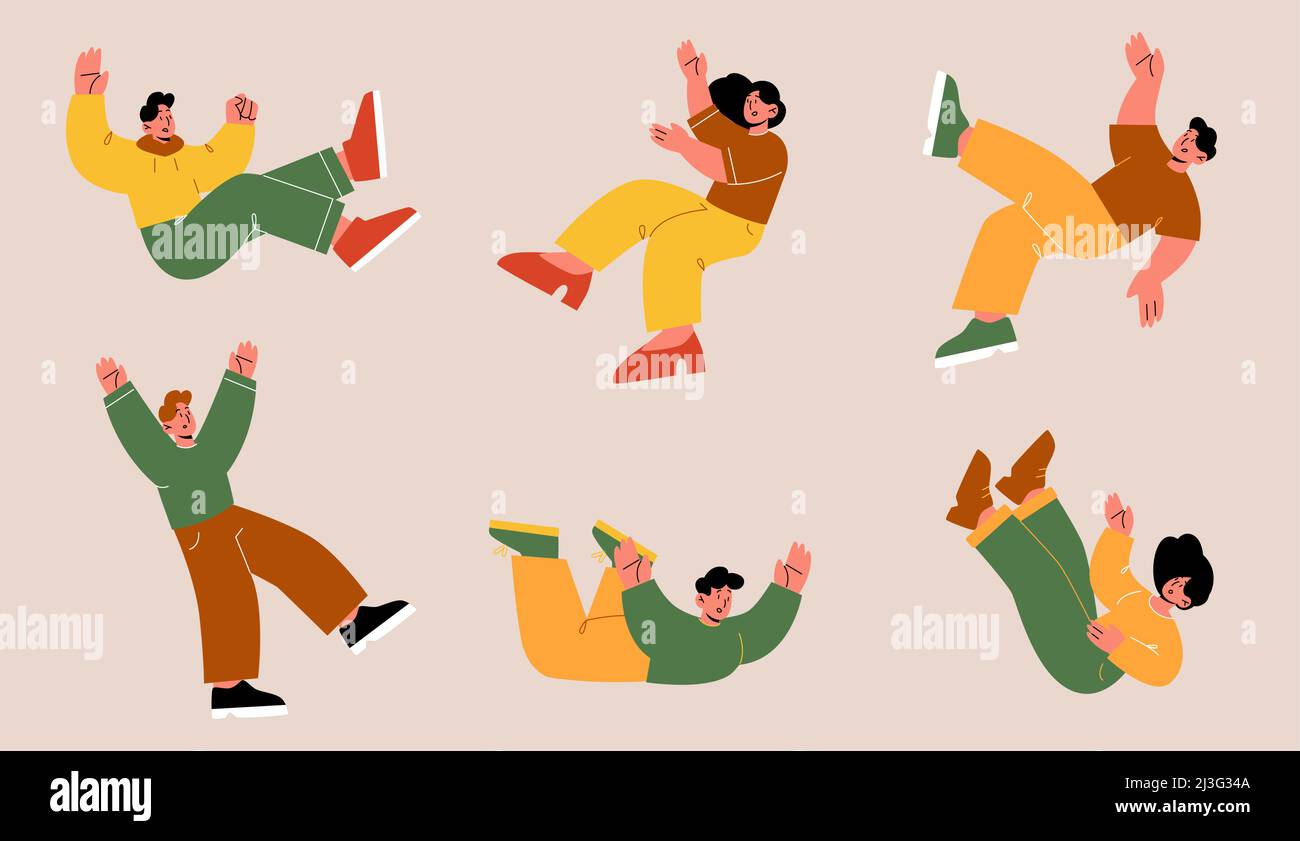 Falling people, unhappy male and female characters fall down due ...