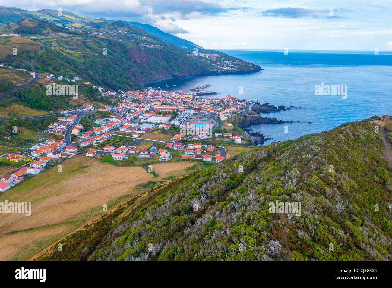 Aerial view of Velas town at Sao Jorge island in Portugal Stock Photo ...