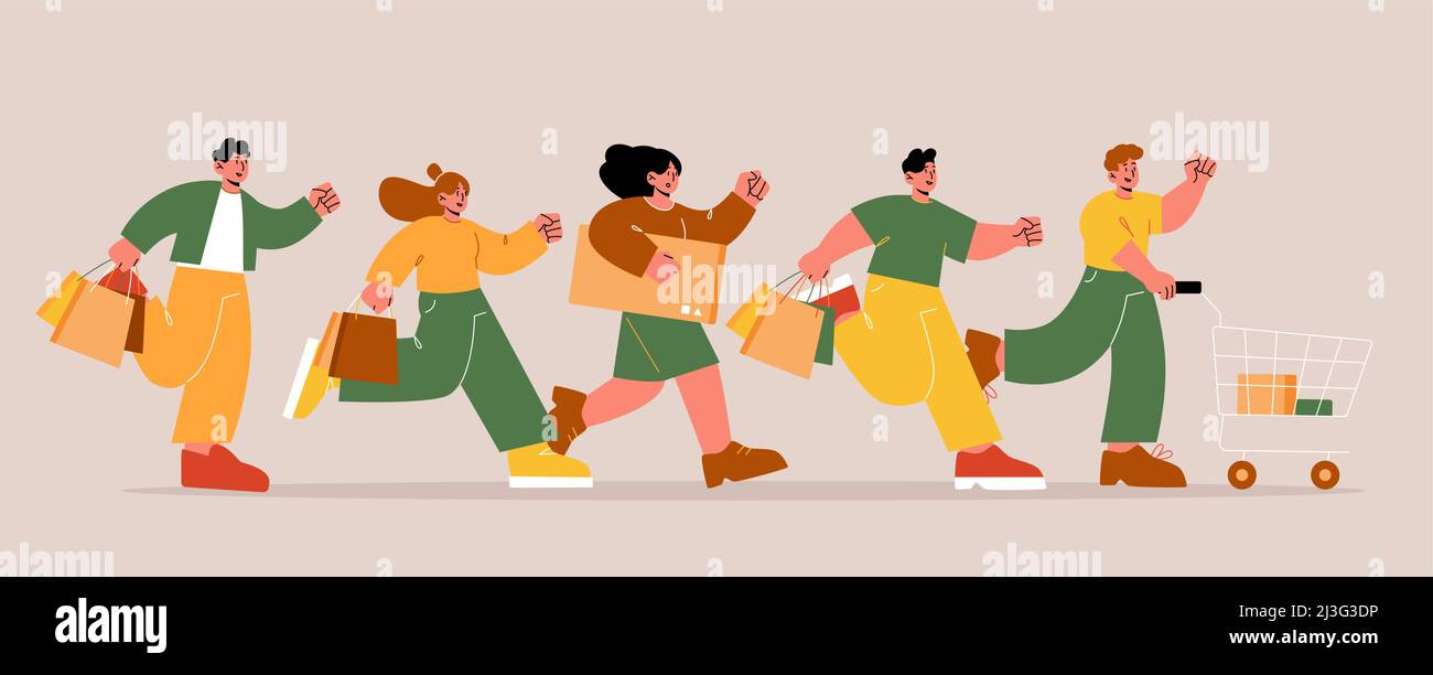 People with bags and shopping cart run. Concept of shop sale, discount ...