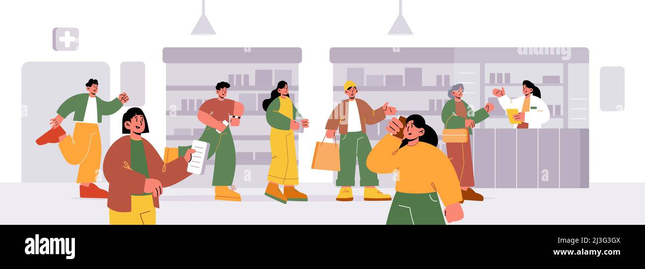 Queue in pharmacy, people line at drug store counter desk with ...