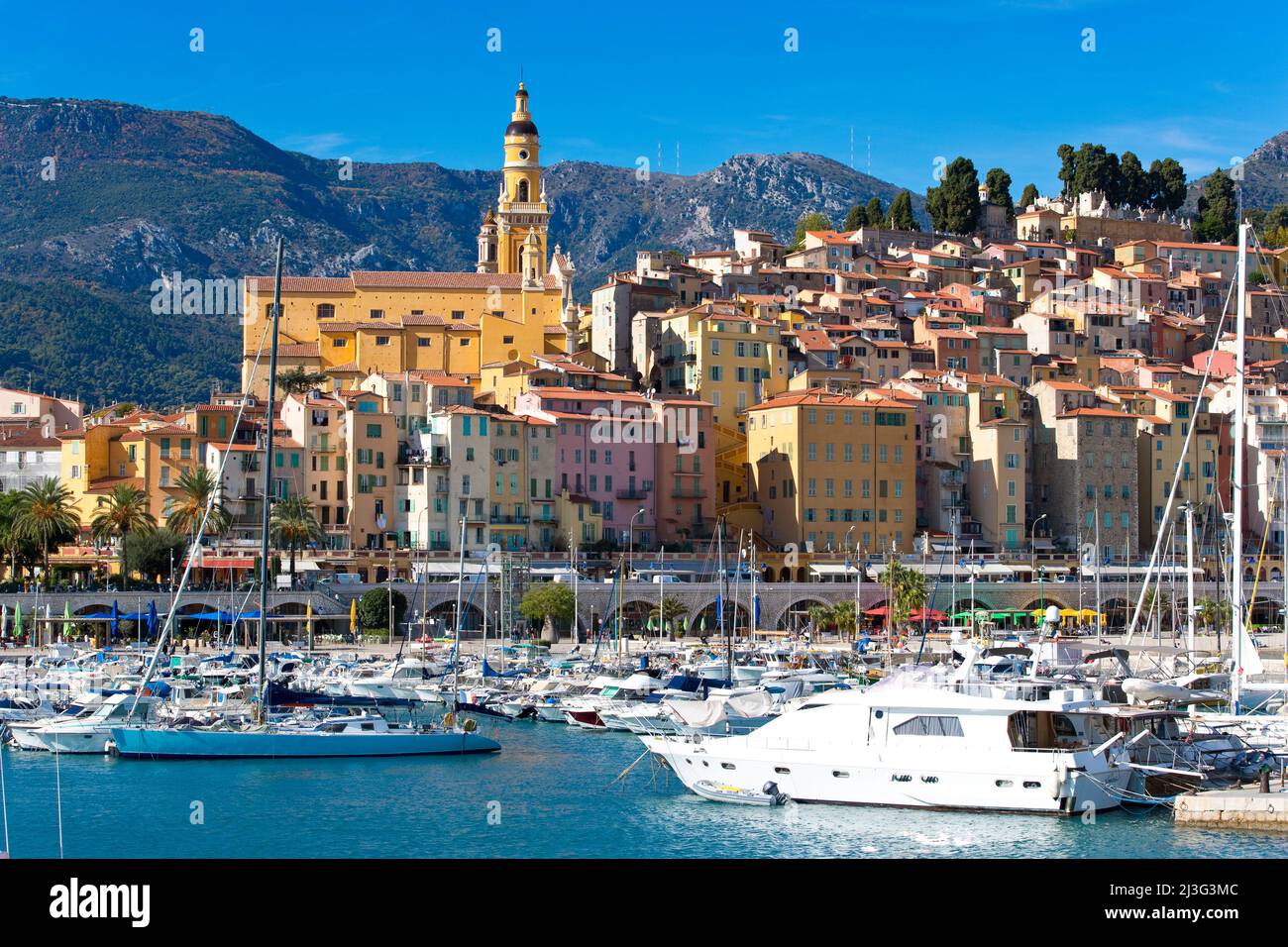 The harbour of Menton, with the basilica of Saint-Michel-Archange ...