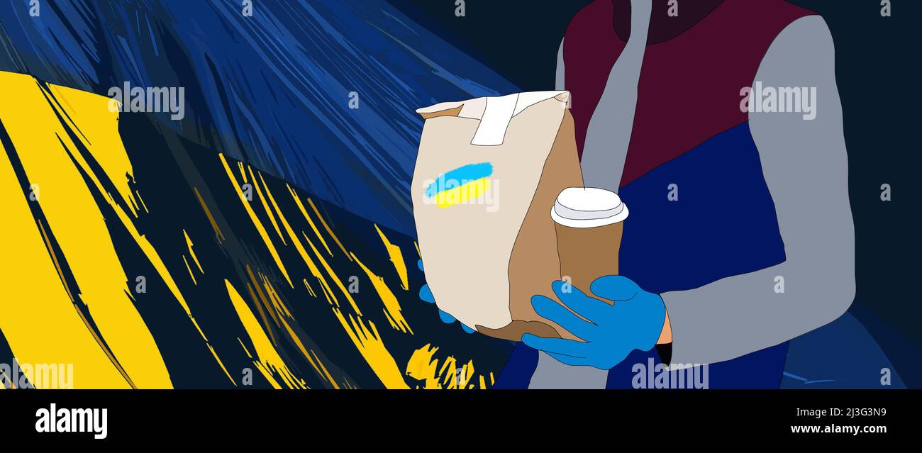 Cardboard box Ukraine. flag of ukraine. delivery man Stock Photo - Alamy