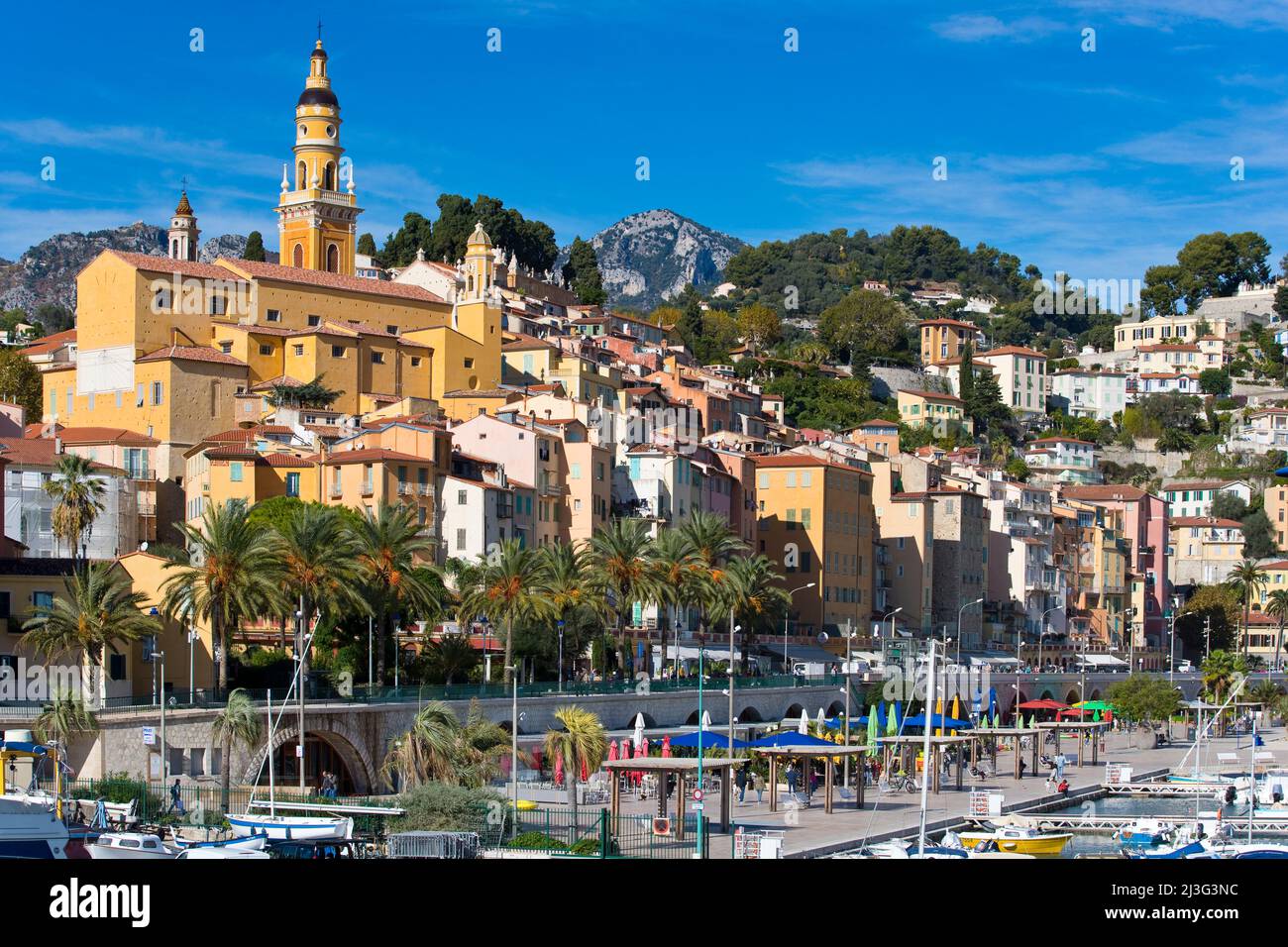 The harbour of Menton, with the basilica of Saint-Michel-Archange ...