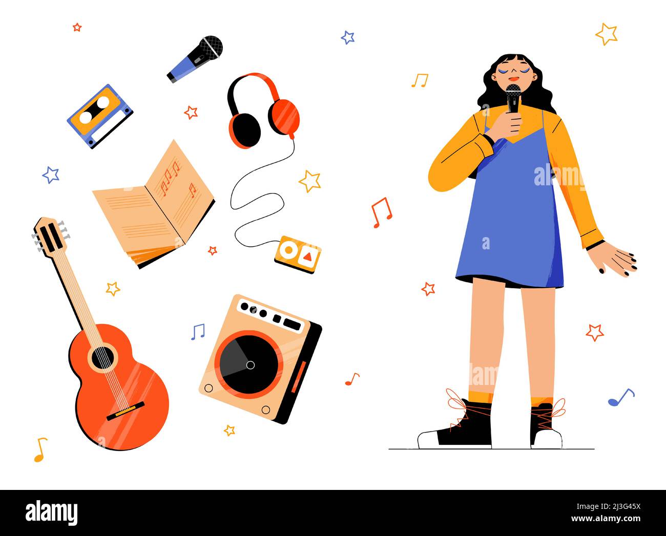 Music and singing hobby concept. Young girl sing with microphone and ...