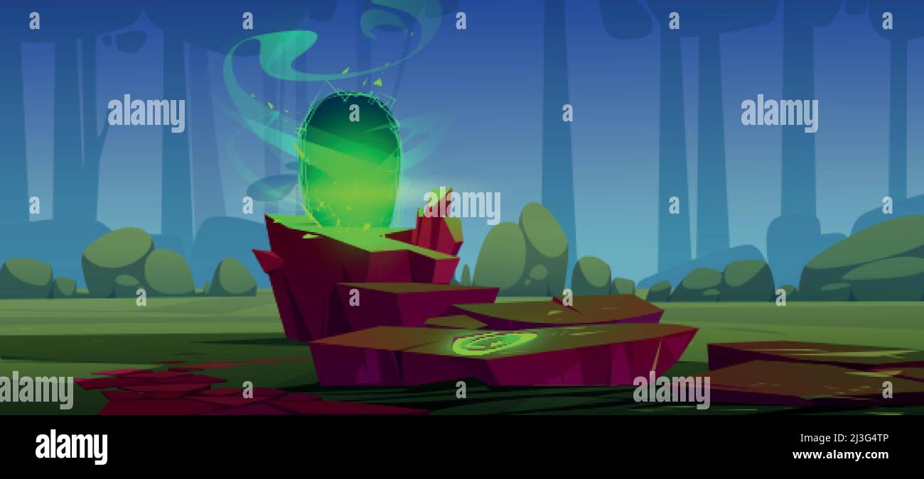 Magic portal in forest on top of stone, mysterious landscape background ...