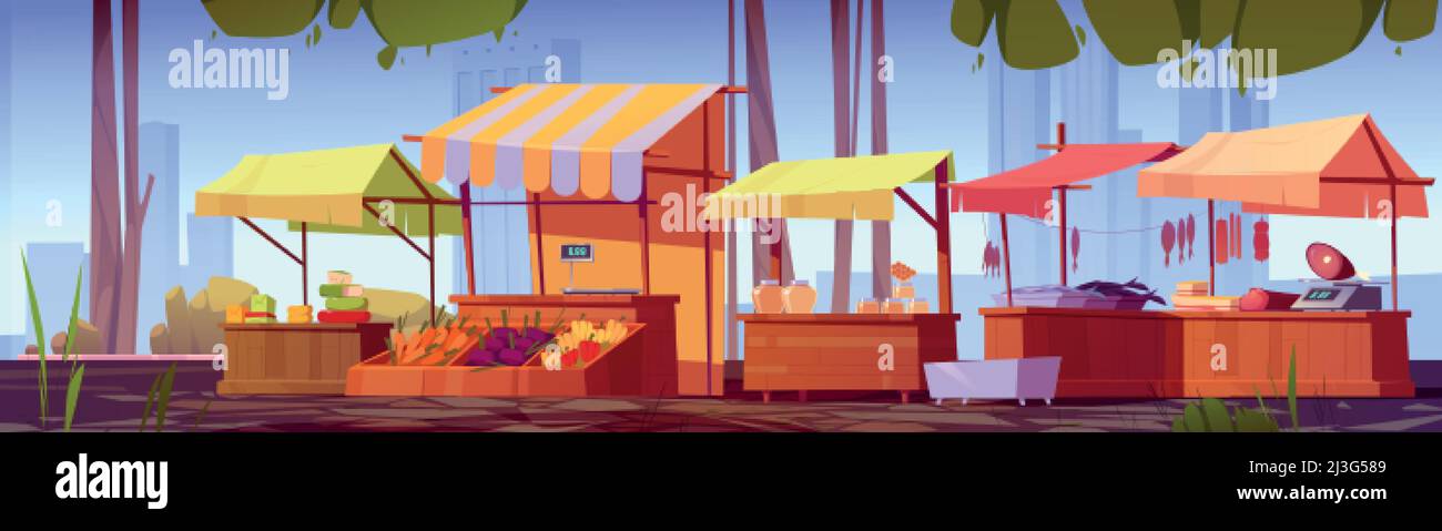 Local food market with wooden stalls with honey, vegetables, meat, fish ...