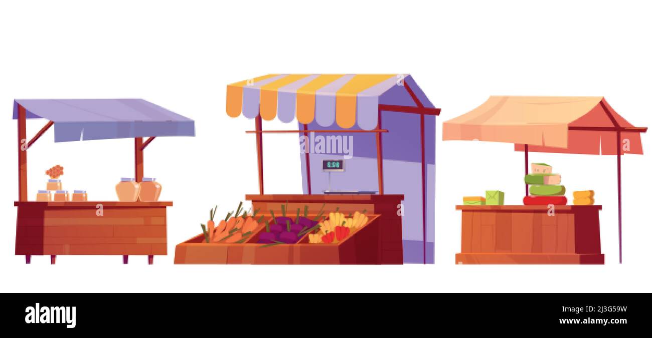 Local food market stalls with honey, vegetables and cheese. Vector ...