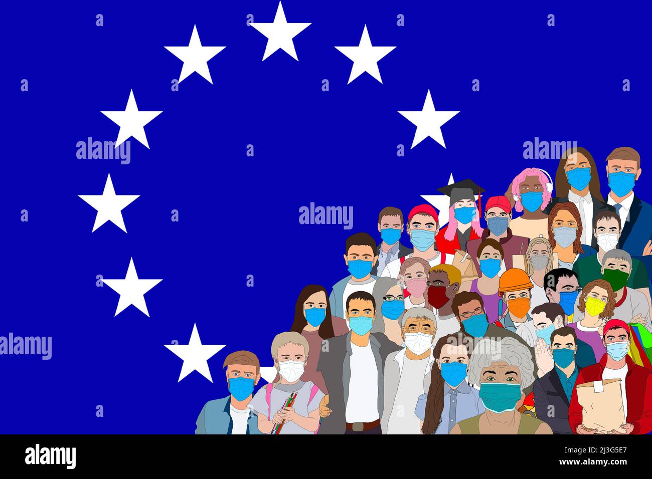 Silhouette of a group of refugees walking with flag of Europe as a ...