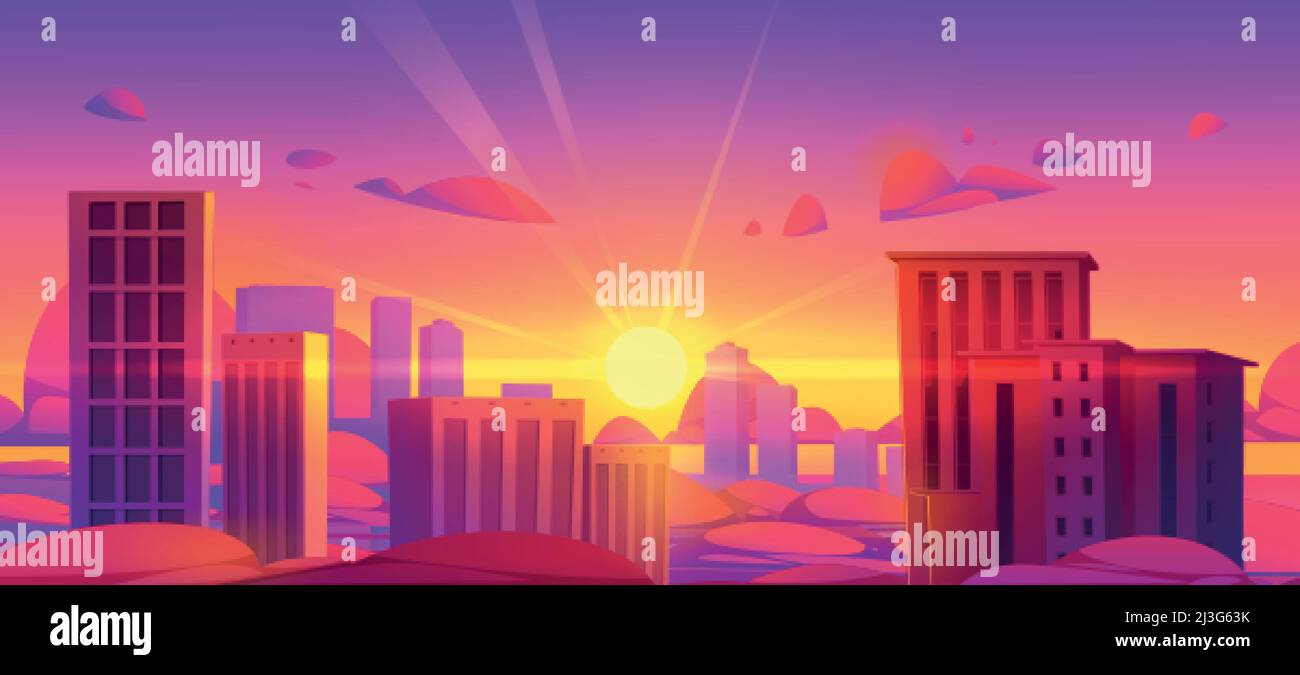 Sunset sky over city with clouds, skyscrapers and sun. Vector cartoon ...