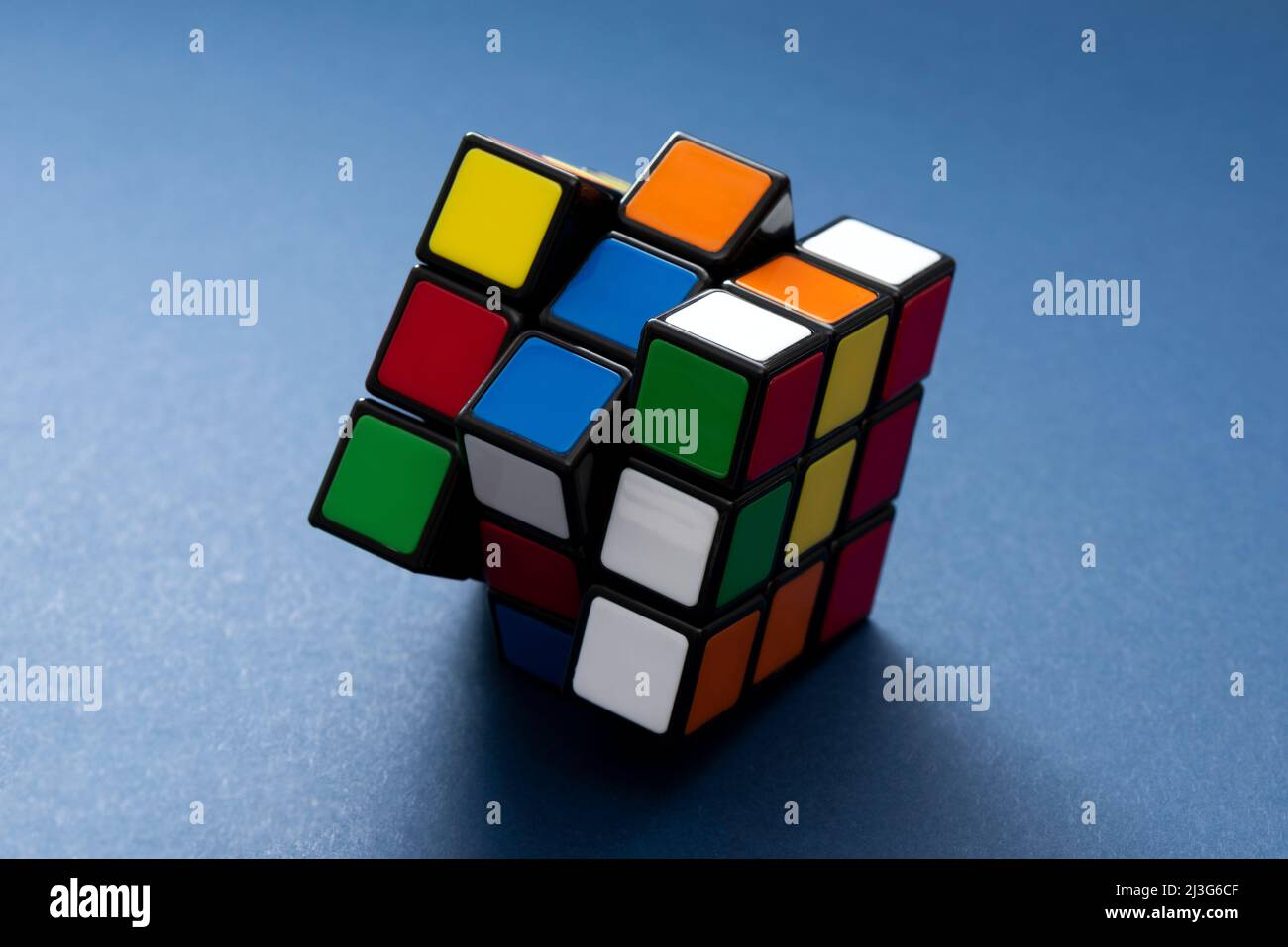 ISTANBUL, TURKEY - JULY 2, 2019: Rubik's cube on the blue background ...