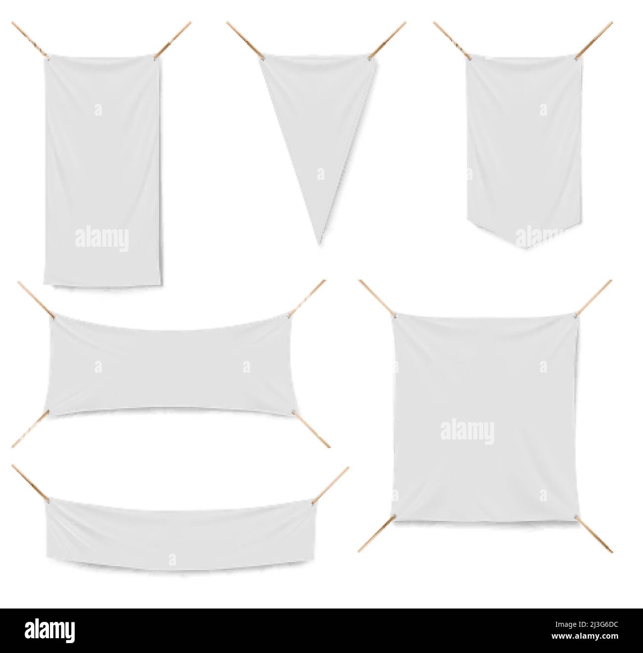 Vinyl banners 3d vector mockup, white fabric awnings stretched on flex. Blank canvas of square ...